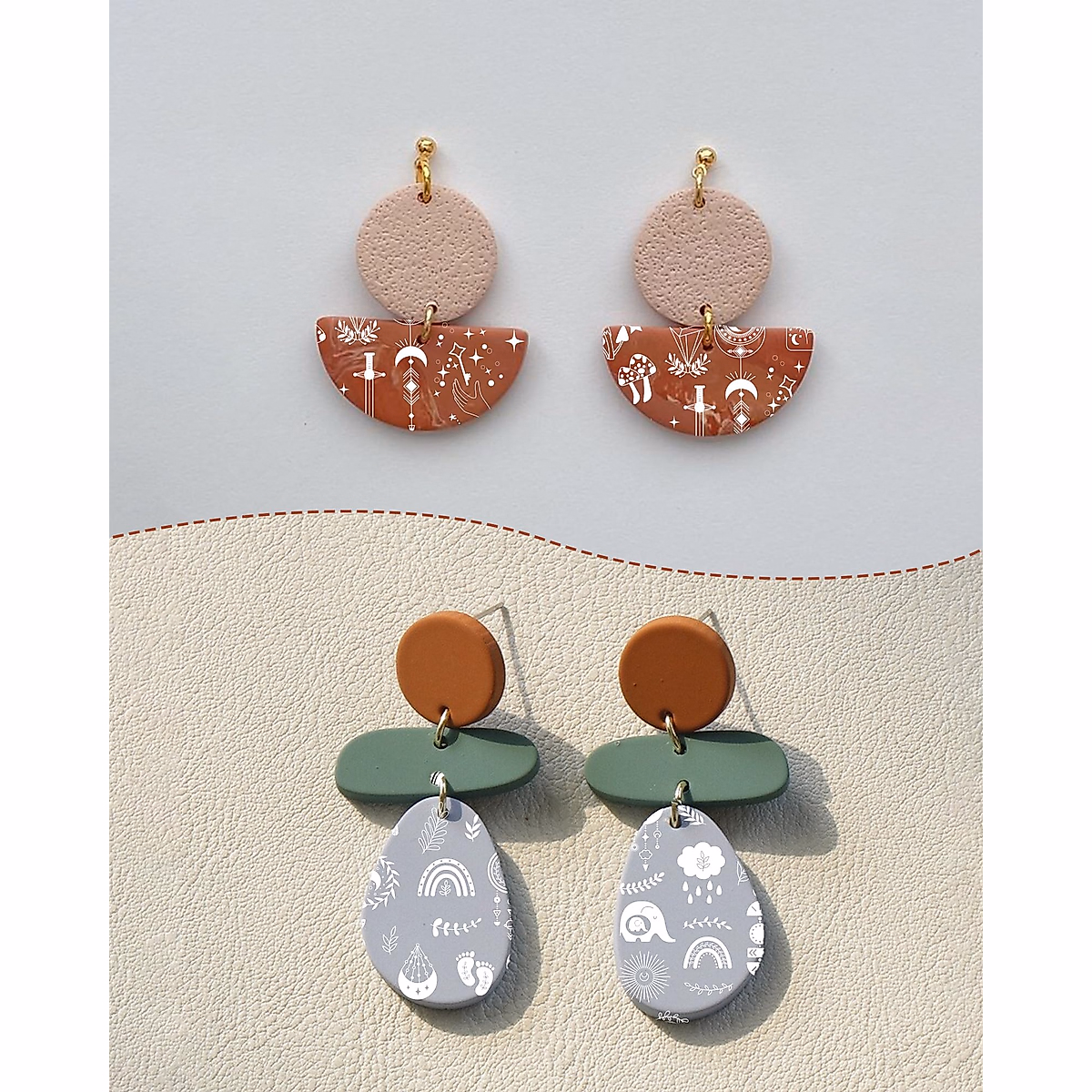 Puocaon Boho Clay Silk Screen - 6 Pcs Boho Moth Reusable Silk Screen Stencils for Polymer Clay Earrings Making, Crescent Moon Boho Sun Polymer Clay Silk Screen, Dreamcatcher Magic Book Silk Screen