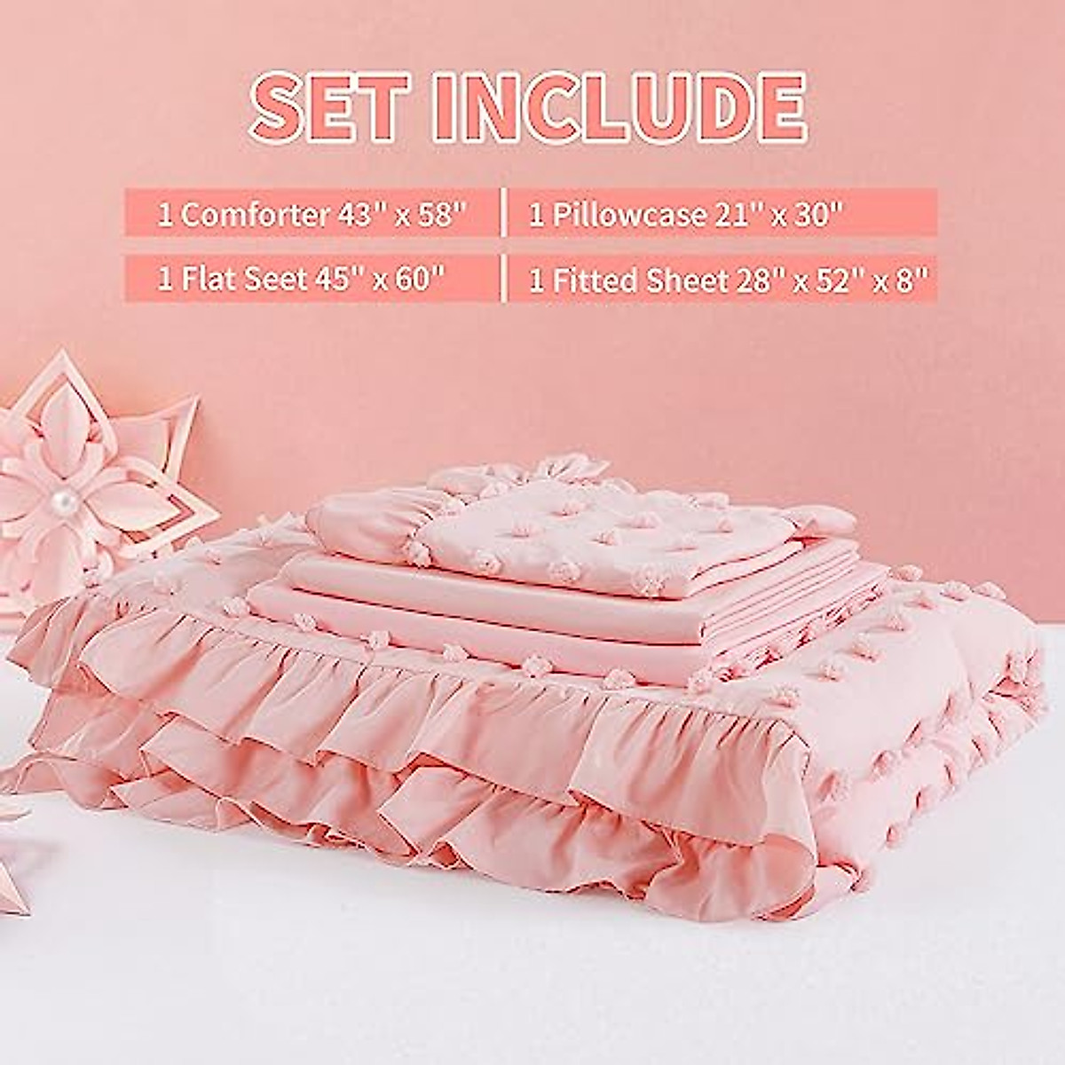 HOMBYS 4 Pieces Pink Princess Toddler Bedding Set for Girls, Boho Pom Pom Kids Comforter Set with Ruffles for All Season