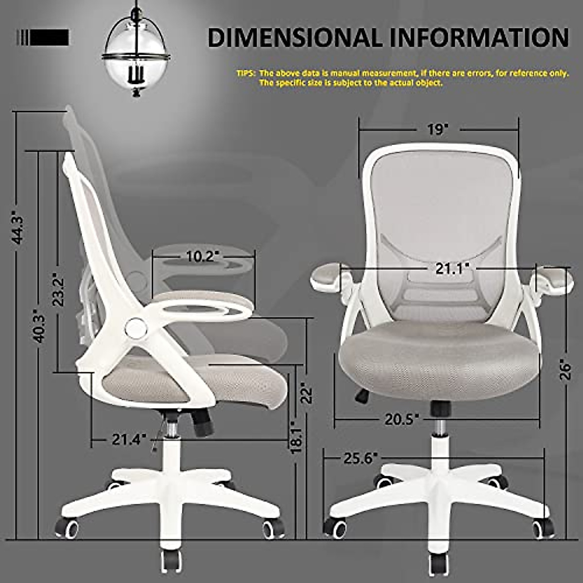 Office Chair Ergonomic Mesh Swivel Computer Task Desk Chair Comfortable, Flip-up Arms, Adjustable Height (Grey)