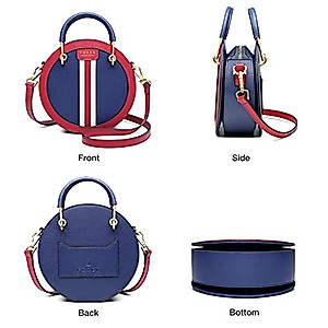 Leather Circular Cross body Handbags for Women, Genuine Leather Ladies Round Crossbody Bags with Adjustable Strap Small Womens Fashion Shoulder Bags Mini Girls Cowhide Messenger Purses(Blue)