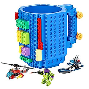 Gvendo Build-on Brick Coffee Mug,Novelty Funny DIY Coffee Cup with Building Blocks,Creative Water Coffee Cups Gifts for Birthday Christmas Kids Men Women (Blue)¡­