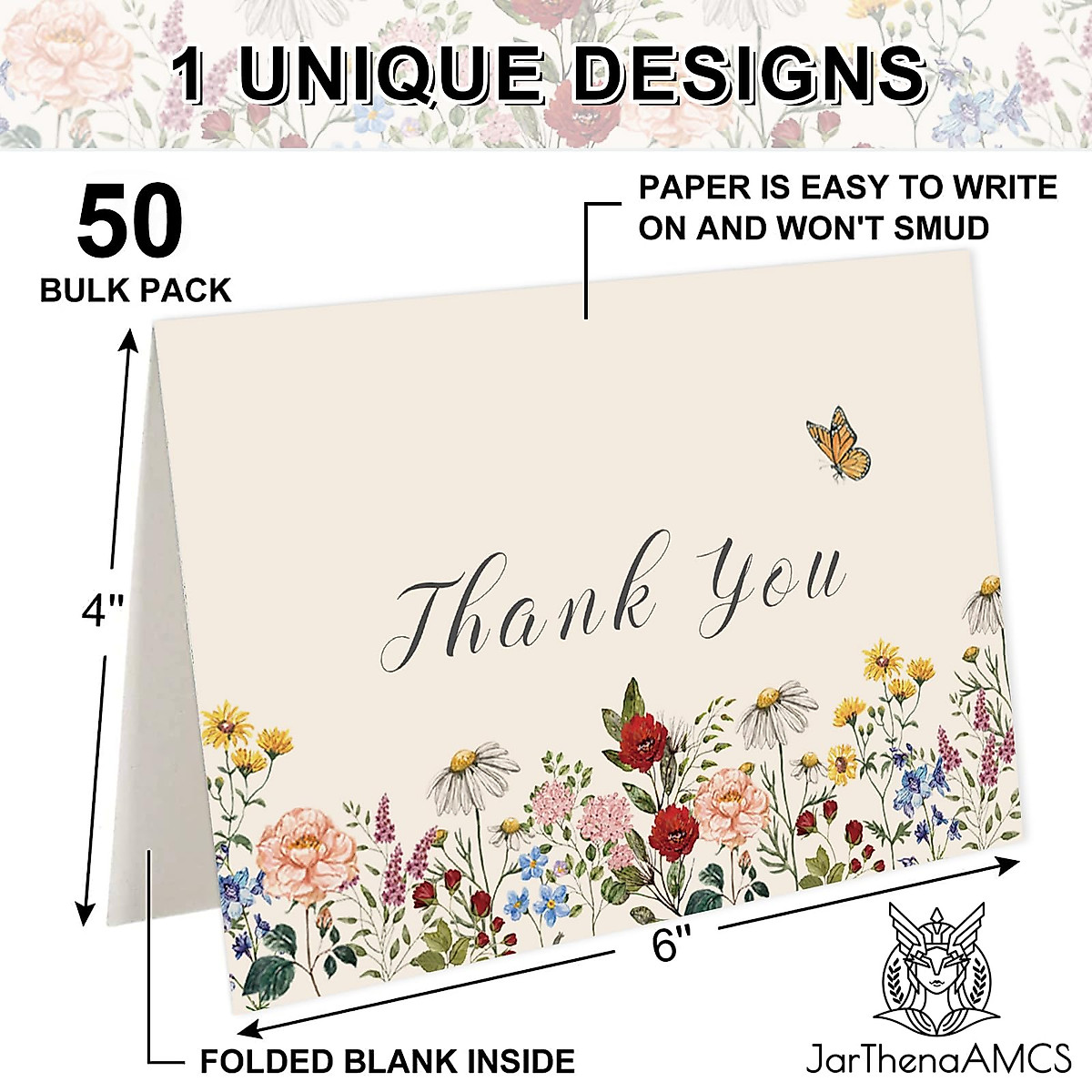JarThenaAMCS 50 Pack Wildflower Thank You Cards Vintage Flower Greeting Cards Floral Blank Note Cards with Kraft Envelope Sticker for Birthday Wedding Bridal Shower, 4 x 6 Inch