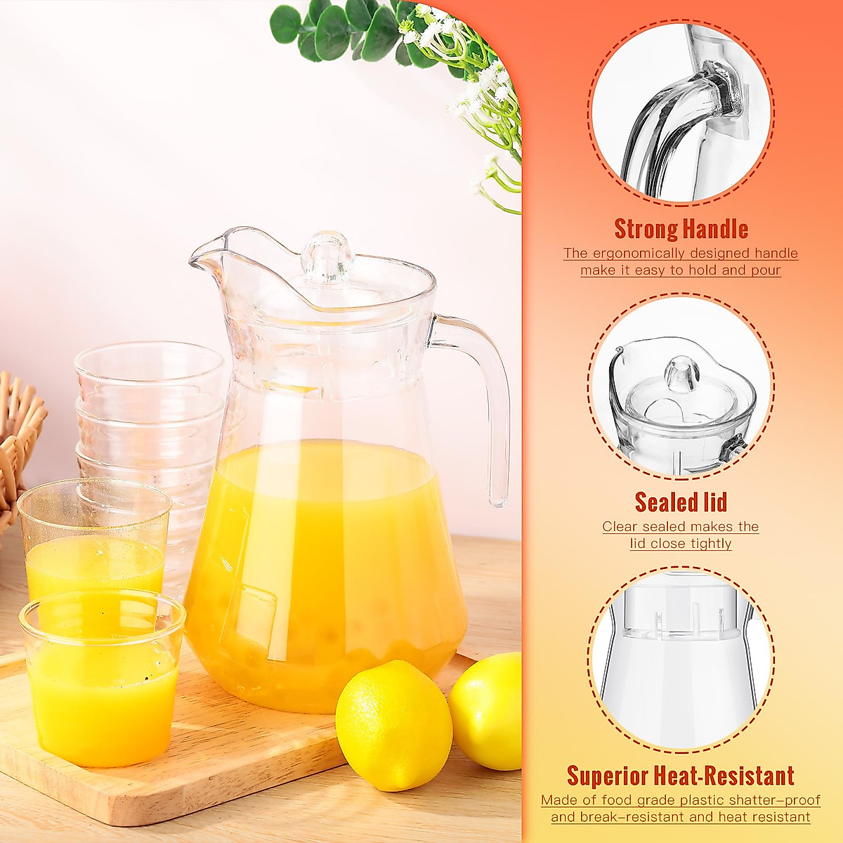 Didaey 4 Pcs Plastic Pitcher with Lid and Handle Clear Plastic Water Pitcher Shatter Proof Jugs for Drinks Fridge Iced Tea Juice Milk Lemonade Sangria Cold or Hot Beverages (50 oz)