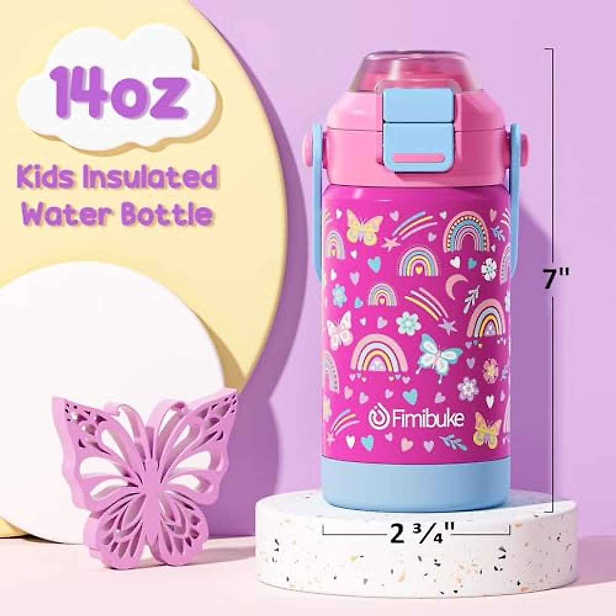 Kids Water Bottle with Straw & Chug(2-in-1 Lid), 14oz Kids Insulated 18/8 Stainless Steel Water Bottle for School Girls Boys Toddler Water Bottle Leak Proof & Spill Proof Kids Cups (1, B2.Purple)