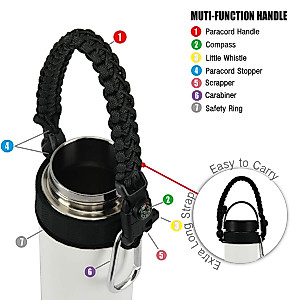 QeeCord Paracord Handle Compatible with Hydro Flask 2.0 Wide Mouth Water Bottle Carrier with New Ring and Carabiner, 12oz, 16oz,18oz, 32oz, 40oz, 64oz