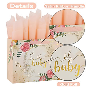 13" Large Light Orange Gift Bag Set with Greeting Card and Tissue Paper (Gold Foil ‘Oh Baby’) for Baby Shower, Baby Girl or Boy, Girls' Birthday Party, Women's Birthday Parties - 13”x5.2”x10.2”, 1 Pcs.