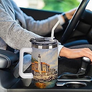 40 Oz Romantic Entitled Seaport Insulated Stainless Steel Tumbler with Handle & Straw Lid, Reusable Travel Cupholder Friendly Mug for Coffee, Water, Tea
