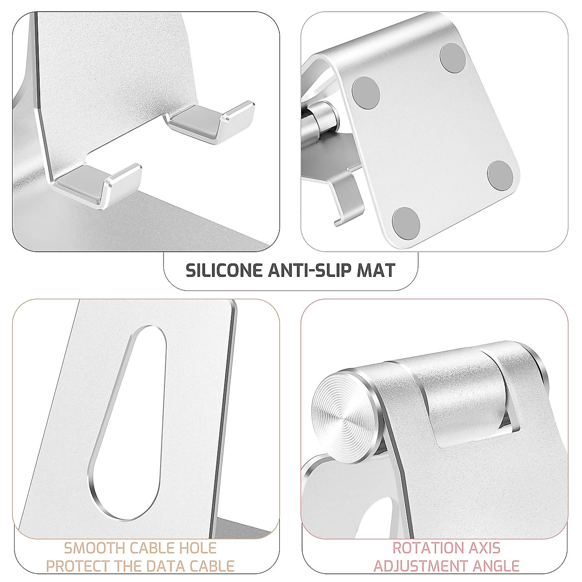 Tofun Silver Foldable Aluminum Alloy Cell Phone Holder,Tabletop Metal Phone Stand with Adjustable Angle by Swivel Axis,Smartphone Cradle