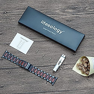 iiteeology Compatible with Apple Watch Band 49mm 45mm 44mm 42mm, Natural Wooden Stainless Steel Link Bracelet Strap for Apple Watch Ultra & SE Series 8 7 6 Series 5 4 3 2 1 - Black
