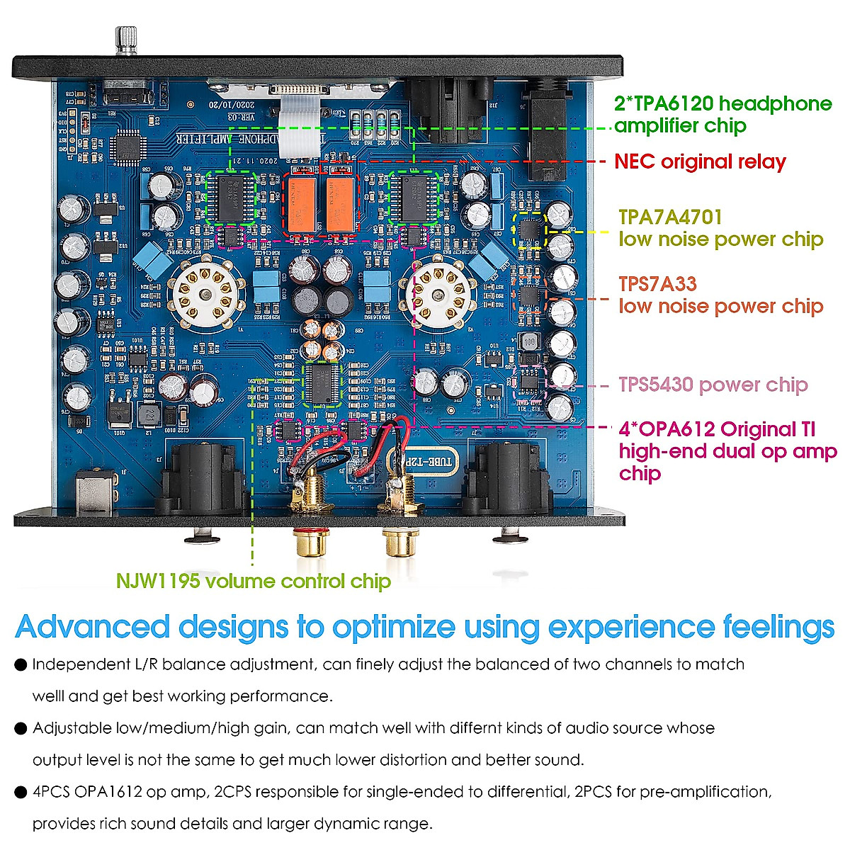 Douk Audio H2 Vacuum Tube Balanced Headphone Amplifier Amp with XLR, RCA, 6.35mm Ports and LED Display for Desktop Home Audio