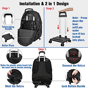 Rolling Backpack with Wheels, Backpack on Wheels for Men Women Adults, 17 inch Wheeled Roller Computer Rucksack for Travel Business College School, Gifts for Men Women Boyfriend Girlfriend, Black