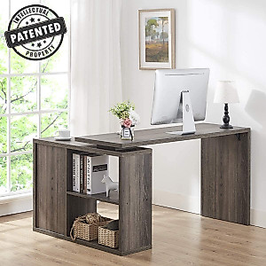 HSH L Shaped Computer Desk, Rustic Wood Corner Desk, Industrial Writing Workstation Table with Cabinet Drawer Storage for Home Office Study, Grey 60 inch