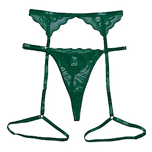 Lilosy Sexy Choker Floral Lace Scallop Sheer Underwire Push Up Garter Belt Lingerie Set for Women See Through Bra and Panty 3 Piece Army Green X-Small