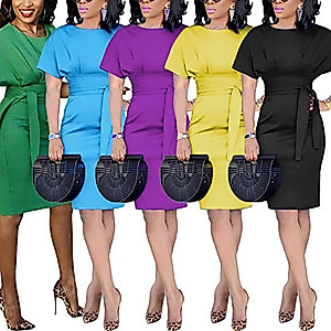 ECHOINE Women's Elegant Pencil Midi Dress Short Sleeve Party Cocktail Dresses with Belt Black XXL