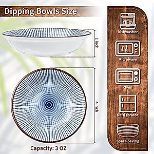 Eisinly Dipping Bowls, Soy Sauce Dish Ceramic, 3 OZ Small Serving Bowls for Side Dishes Vintage Blue Stylish Design, Set of 6 Mini Appetizer Plates for Condiment Sushi Ketchup BBQ Party, 4 Inch