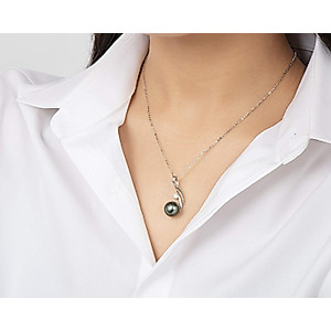 DENGGUANG Tahitian Black Pearl Necklace Genuine 9.5-10mm Round South Sea Cultured Pearl Pendant 18K Gold Plated 925 Sterling Silver- Jewelry Gifts for Women Wife Mom Daughter