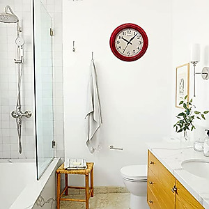 OCEST 9-Inch Retro Red Small Kitchen Wall Clock, Silent Non Ticking Battery Operated Home Decorative Round Quartz Wall Clock, Easy to Read Clock for Livingroom, Bedroom, Bathroom, Office, Reading Room