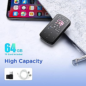 64 GB Clip MP3 Player, ZOOAOXO Music Player with Bluetooth 5.2, HD Screen, HiFi Sound, Voice Recorder, FM Radio, Pedometer, 1.04 oz Ultra-Light, Great for Sports, Card Reader and Earphones Included
