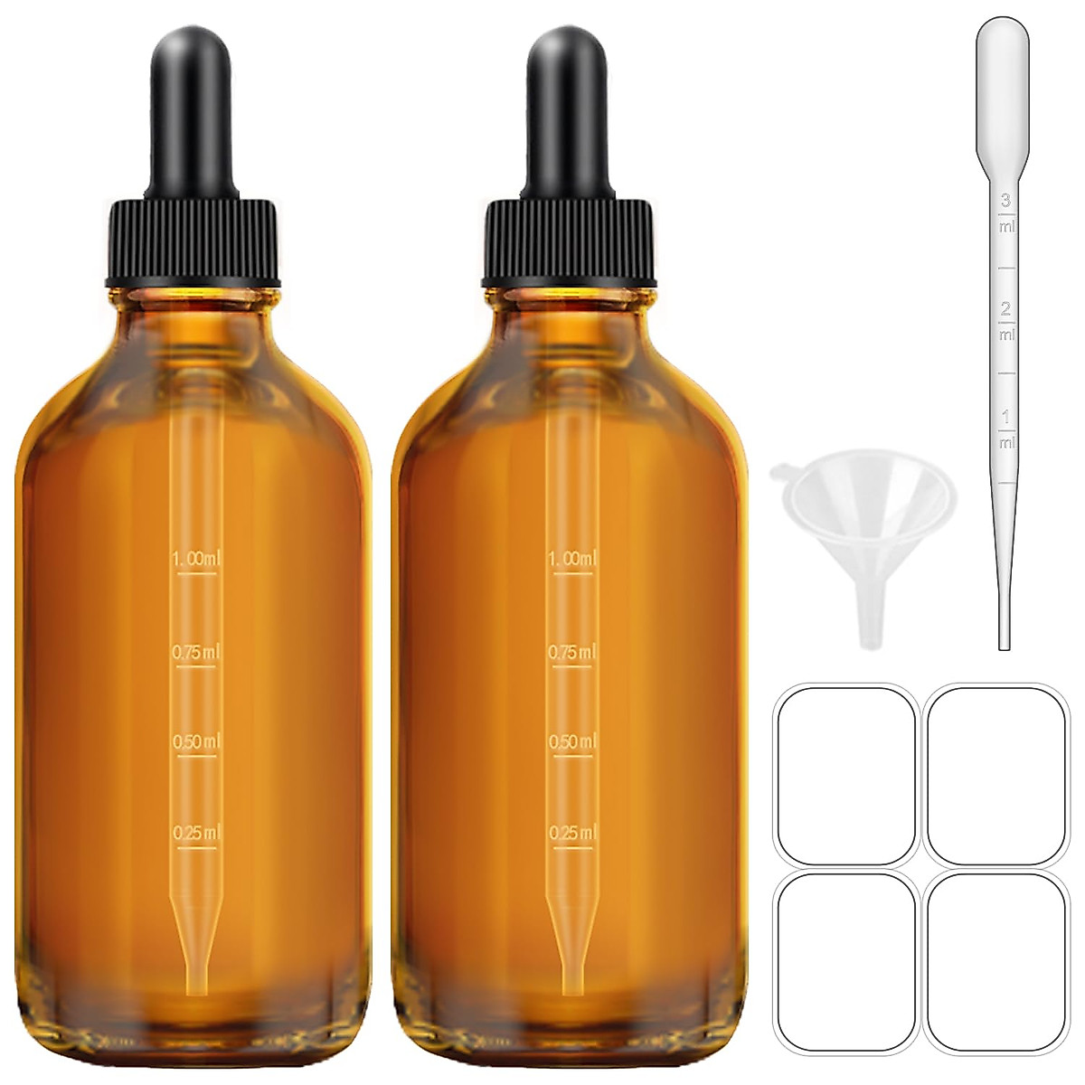 Bumobum 2 Pack 4 oz Amber Dropper Bottles, Tincture Bottles with Dropper, Glass Serum Bottle with Dropper for Essential Oils with Funnel, Labels & Pipette(Unbreakable Plastic Eye Dropper)