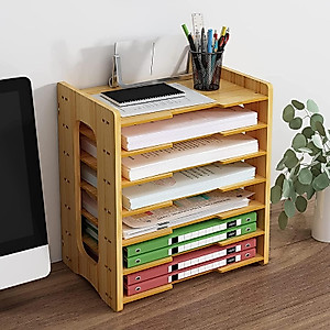 Catekro 7-Tier Desk Organizer, Wood Desktop Accessories, Complimentary Four rulers, Storage Box Office Supplies Organization, Large Capacity Decor File for Office, School and Home(Brown)