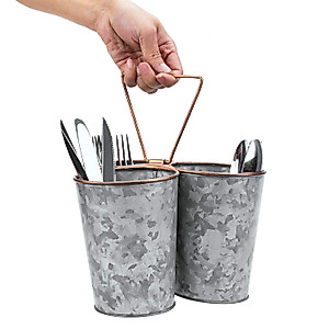 MyGift Galvanized Metal Utensil Holder Caddy with 3 Compartments, Copper Rim and Handle, Countertop Cutlery Storage, Flatware Organizer Holds Forks, Knives, Spoons - Handcrafted in India