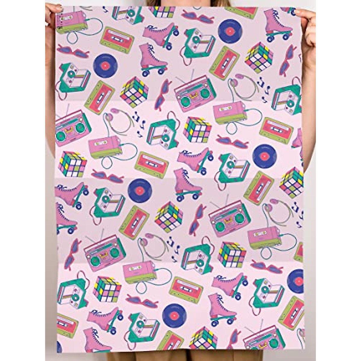 CENTRAL 23 Retro Wrapping Paper - Pink Birthday Gift Wrap - 6 Pcs of Girls Birthday Wrapping Paper Sheets - Radio Polaroid Roller Blades - 90's 80's Theme - Comes With Stickers