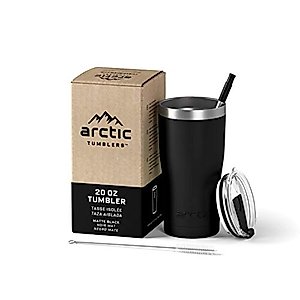 Arctic Tumblers | 20 oz Matte Black Insulated Tumbler with Straw & Cleaner - Retains Temperature up to 24hrs - Non-Spill Splash Proof Lid, Double Wall Vacuum Technology, BPA Free & Built to Last