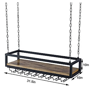 RZGY Hanging Wine Rack with Glass Holder and Shelf, Ceiling Mounted Wine Rack Adjustable Industrial Hanging Wine Bottle Holder, 31.5in Metal Iron Wine Shelf Black