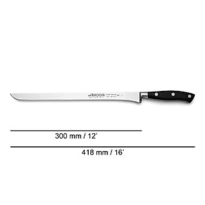 ARCOS Slicing Knife / Ham Knife 12 Inch Nitrum Stainless Steel and 300 mm blade. Ergonomic Polyoxymethylene POM Handle.Series Riviera. Elegant design, along with the comfort of its handle. Color Black