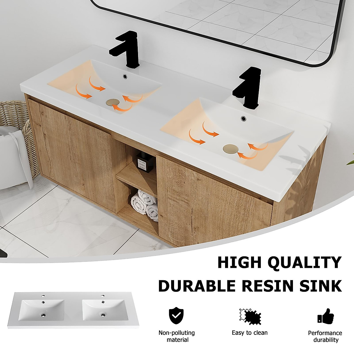 48" Wall Mounted Bathroom Vanity with Double Sink, Floating Bathroom Sink Cabinet with 2 Soft Closing Doors Modern Bathroom Vanity Set with Open Shelves Modern Bathroom Cabinet Set
