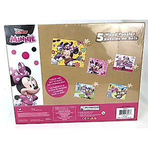 Disney Minnie Mouse 5 Wood Jigsaw Puzzles in Wood Storage Box