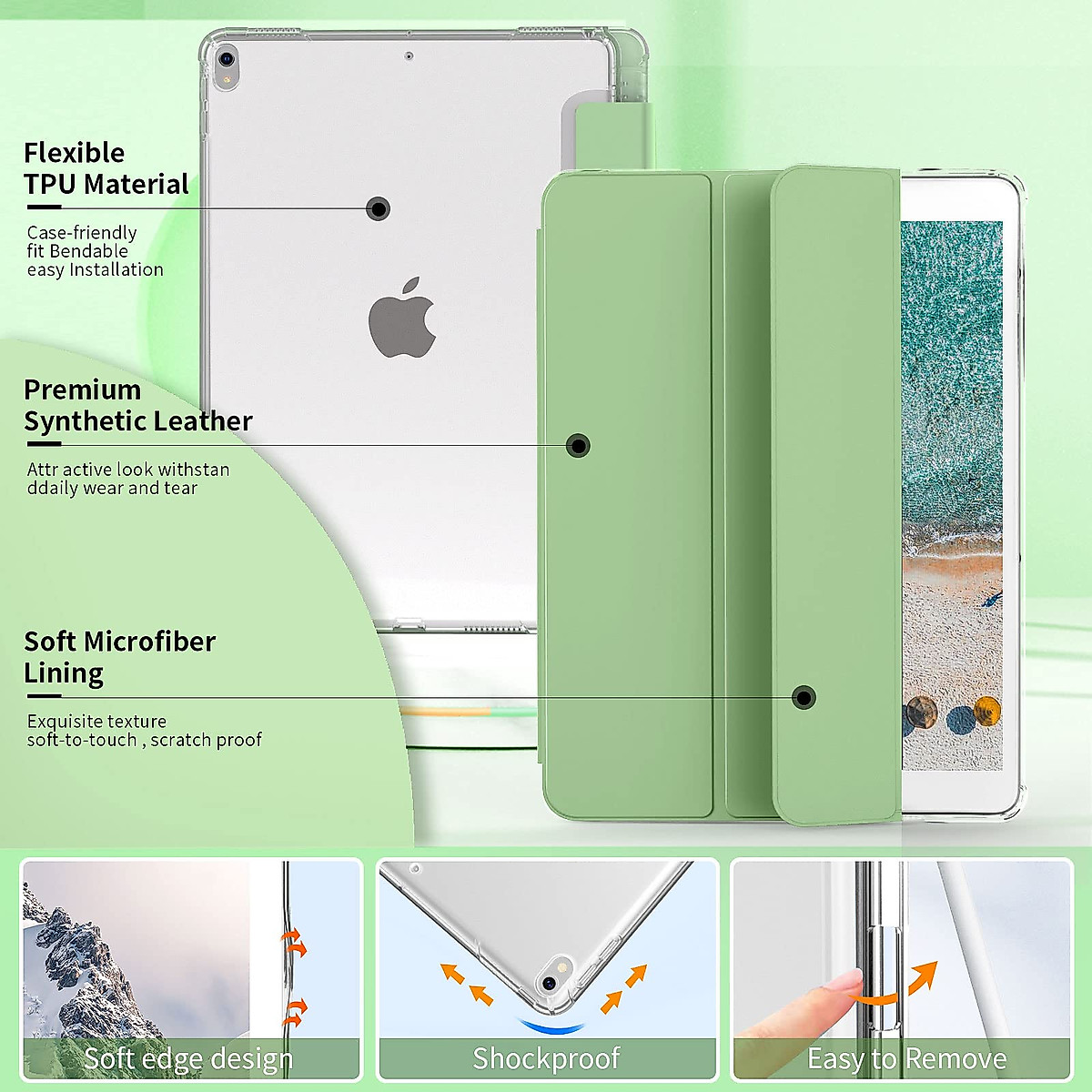 Aoub Case for iPad Air 3rd Generation/Pro 10.5, Trifold Stand Auto Sleep/Wake Slim Smart Cover Frosted Translucent Soft TPU Shockproof Case with Pencil Holder for Air/Pro 10.5 inch, Light Green