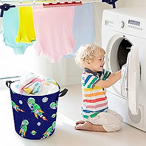 Astronaut Dinosaur Waterproof Laundry Baskets Space Rockets Collapsible Laundry Hamper with Handles Large Round Toy Bin for Dirty Clothes,Kids Toys,Bedroom,Bathroom