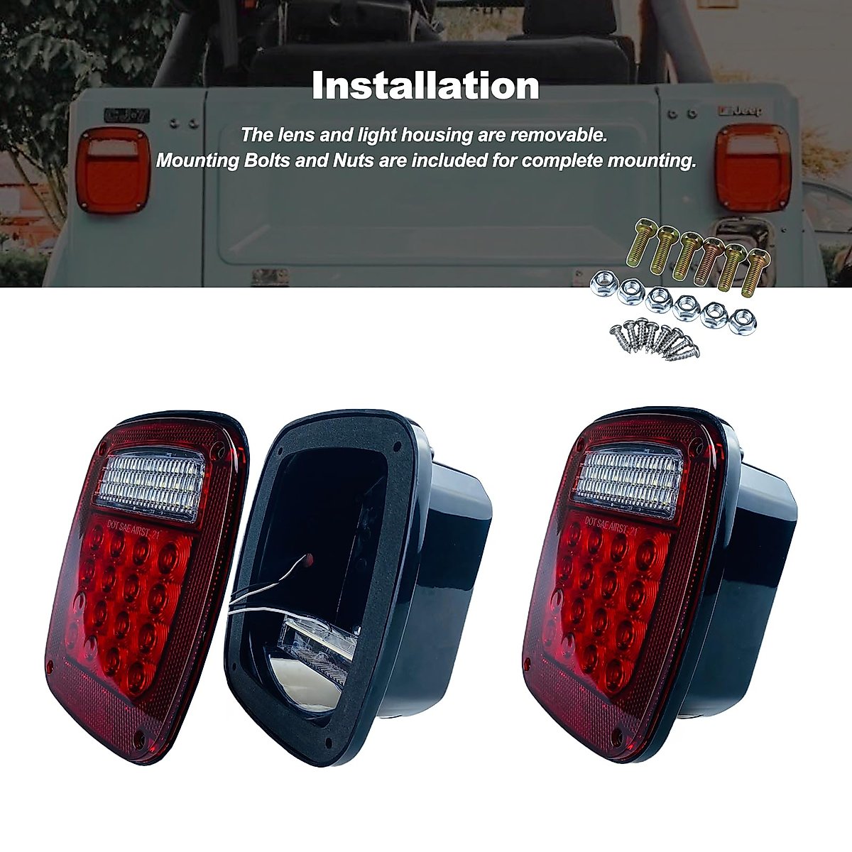 Tail Lights Assembly Replacement for 1979-2006 Wrangler TJ YJ CJ5 CJ7 Red Square Rear Combination Tail Lamps with Passenger and Driver Side Marker Stop Turn Signal Brake Lights DOT Certified, 2Pcs
