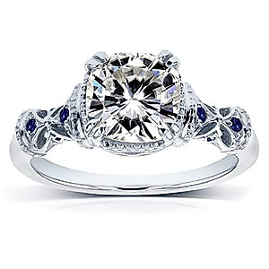 Kobelli Antique Style Cushion-cut Moissanite (GH) Engagement Ring with Blue Sapphire 1-3/4ct TGW 14k White Gold - Size 7