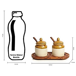 ExclusiveLane 'Old Fashioned' Ceramic Pickle Jar Set with Hand Carved Wooden Tray for Dining Table, Kitchen | Pickle Jars with Lids Indian Style, Achaar Storage, Set of 2 (230 ML)