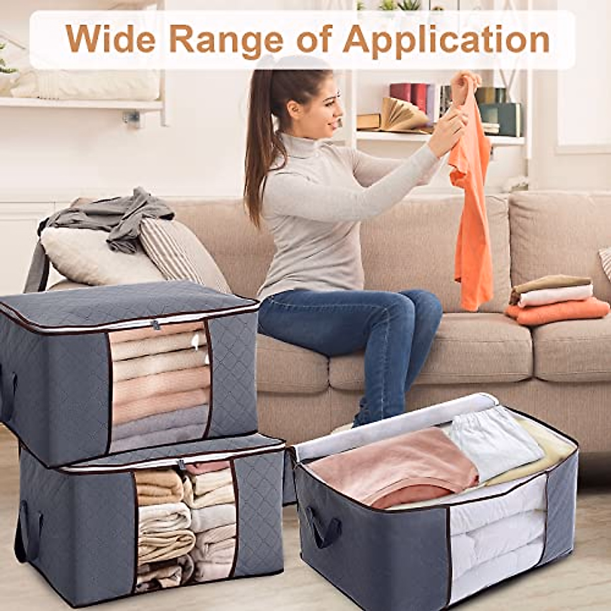 6-Pack Clothes Organizer Storage Bag, 49L Foldable Storage Bins Closet Storage Containers with Clear Window and Reinforced Handles for Dorm, Blanket, Pillows, Bedding, Sweaters, Coats, Stuffed Toys