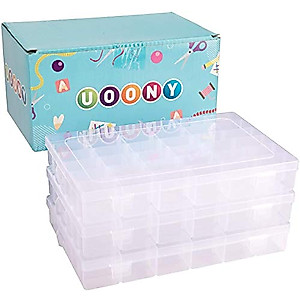UOONY 3 Pack 36 Grids Plastic Organizer Box Craft Storage with Adjustable Dividers, Bead Organizer Container for Earrings Fishing Tackles Crafts Jewelry Thread with 400pcs Label Stickers