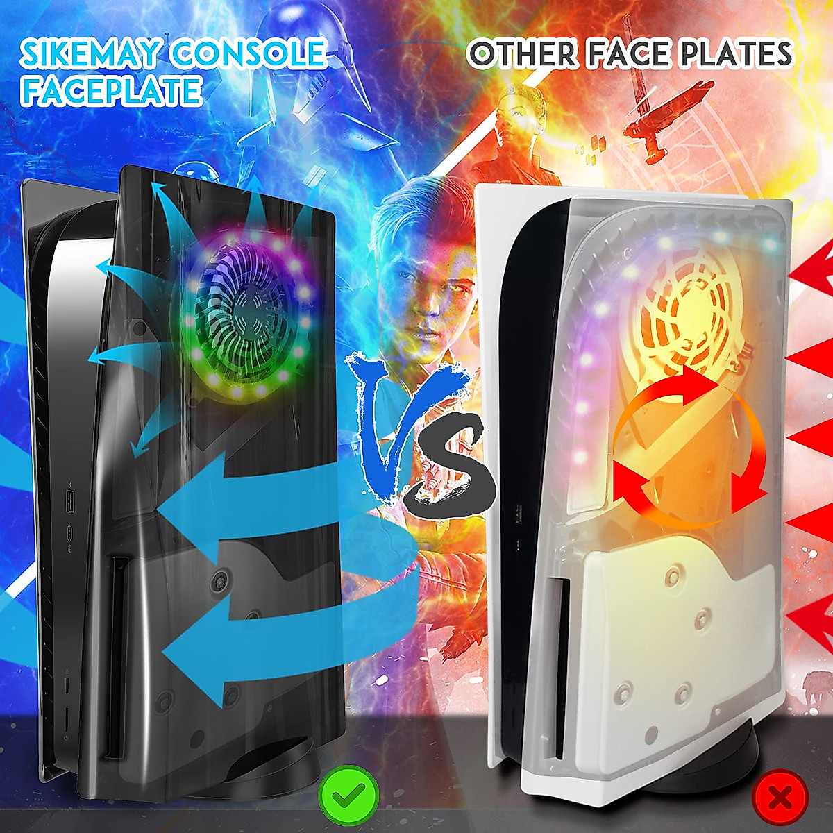 SIKEMAY PS5 Accessories PS5 Plates with RGB LED Light Strip, Console Cover Face Plates Side Shell with Cooling Vents, PS5 Lights 8 Color 400+Effects Kit, Custom Dust Skin - Plating Black