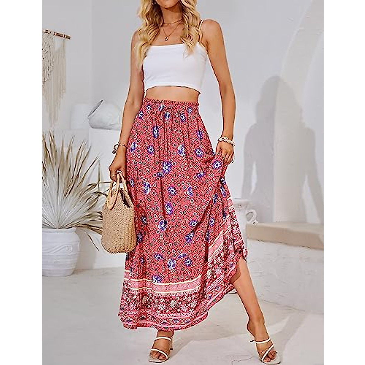ZESICA Women's 2025 Summer Bohemian Floral Printed Elastic Waist A Line Maxi Skirt with Pockets,Floral Red,Small