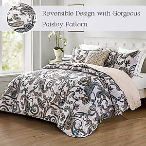 Whale Flotilla Reversible Paisley Quilts King Size, Lightweight Boho Printed Bedspreads Coverlets Quilt Bedding Set with 2 Pillow Shams for All Seasons, Bone/Grey