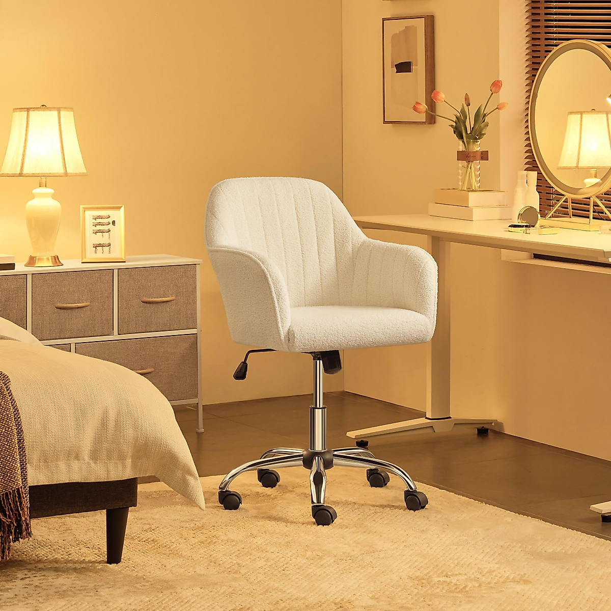 Yaheetech Boucle Vanity Chair Desk Chair Comfy Modern Accent Chair Mid Back Ergonomic Office Chair Height Adjustable Swivel Computer Chair for Bedroom with Arms Ivory