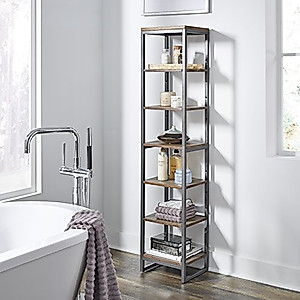 Home Styles Barnside Metro Gray Seven-tier Storage Shelf Tower with Four Adjustable Shelves, Brushed Pine Veneer Shelves, and Powder Coated Metal Frame