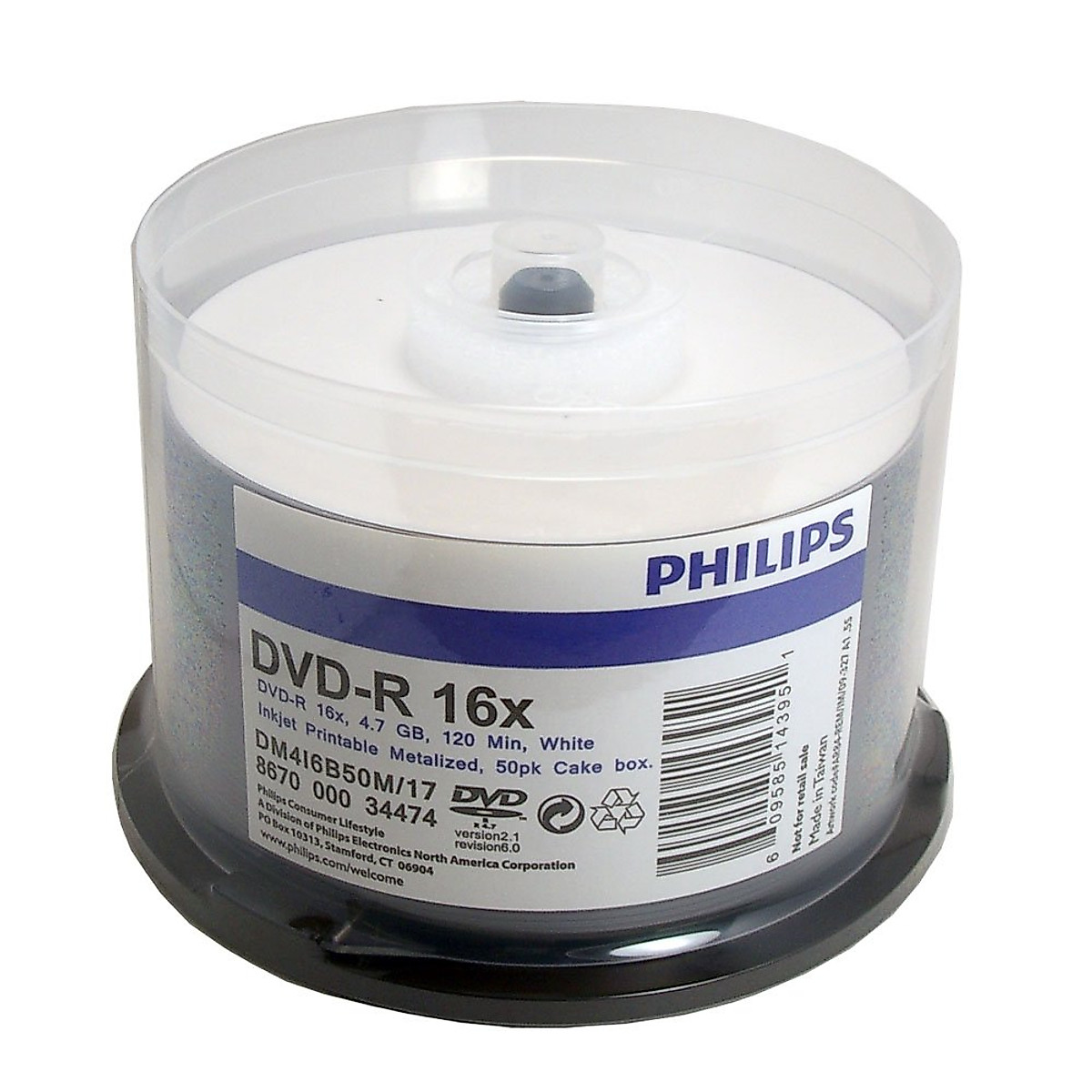 Philips Brand Blank DVD-R 16x Disc, 50 Pack. White Inkjet Printable Top Surface, Metalized Hub. Cake Box Spindle Pack. 4.7GB 120 min.