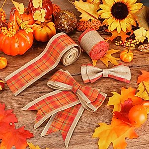 2 Rolls 10 Yards Fall Plaid Wired Edge Ribbons Thanksgiving Orange Buffalo Plaid Ribbon Burlap Fabric Ribbon Natural Wrapping Red Orange Edge Ribbon for Wedding Decor Autumn Crafts, 2.5 Inch