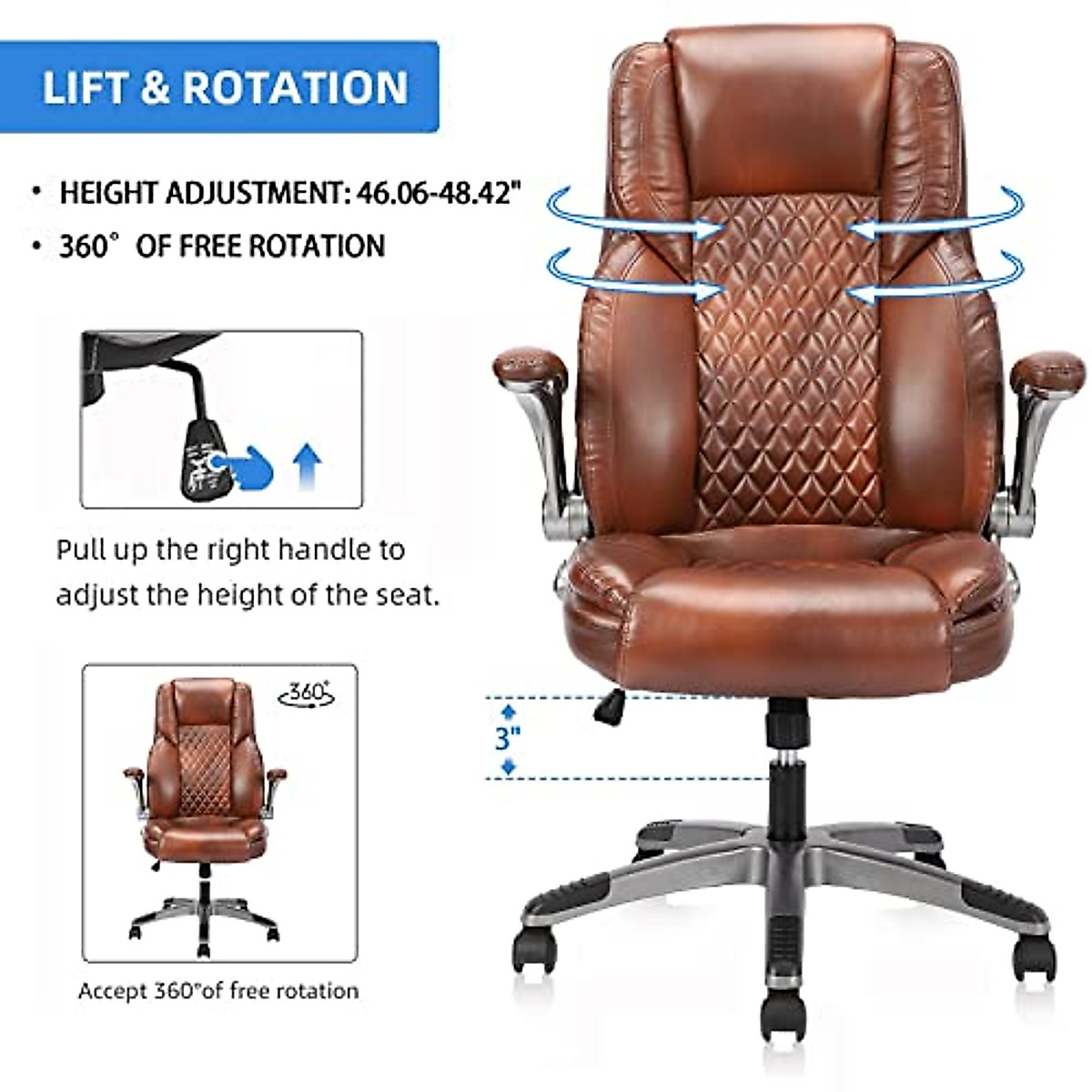 High Back Office Chair- Flip Arms Adjustable Leather Support Task Home Desk Chairs, Executive Computer Desk Chair Work Chairs, Thick Padded Strong Metal Base, Ergonomic Design for Back Pain