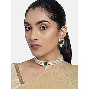 I Jewels Gold Plated Indian Wedding Bollywood Stone Pearl Choker Necklace Jewellery Set For Women (Green)