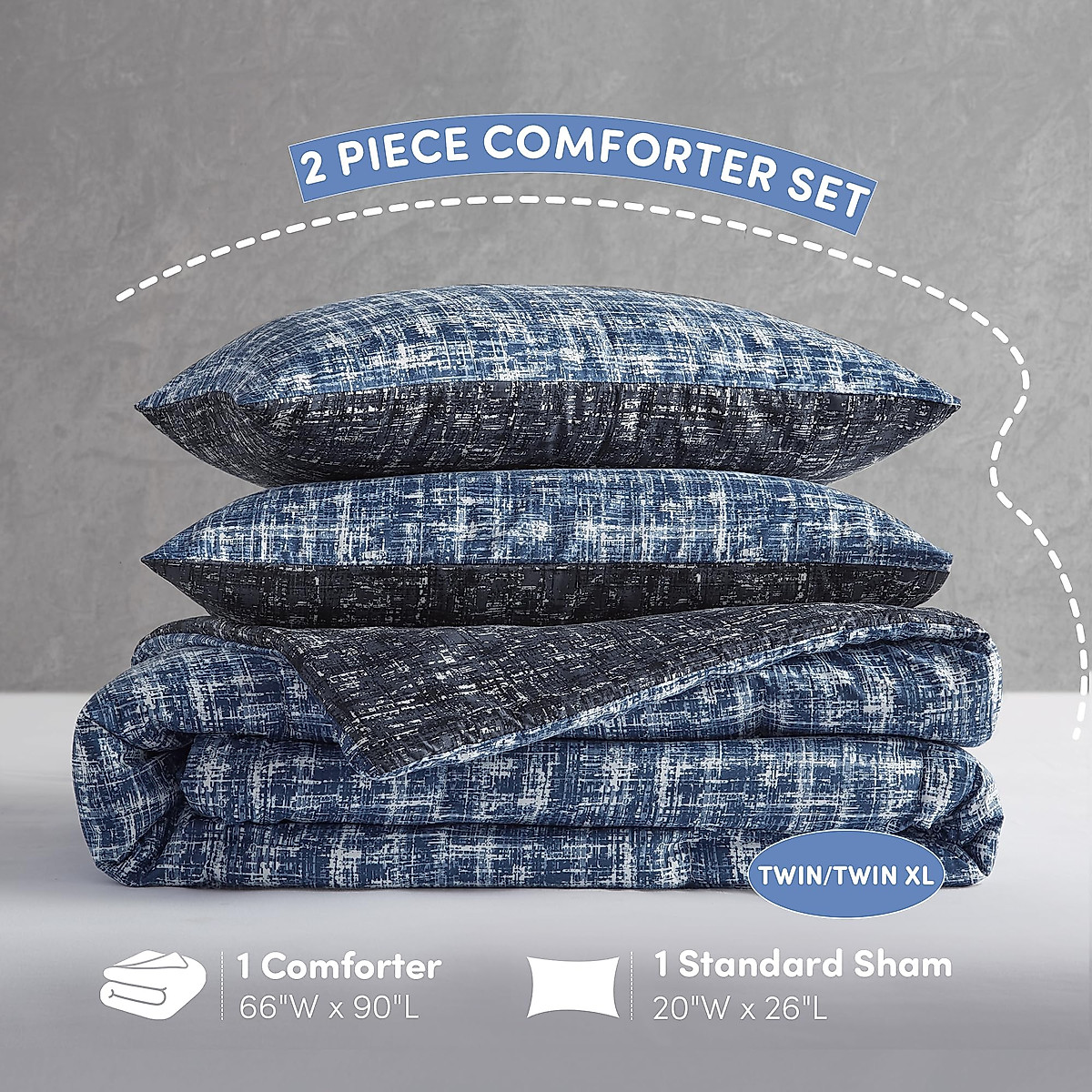 Comfort Spaces Twin Comforter Set - Blue Dorm Bedding for All Season, Ultra Soft 2 Pieces Reversible Comforter with 1 Matching Sham,Easy Care, Machine Washable, Twin/Twin XL