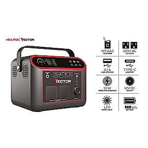 VECTOR VECLIPS6 733 Watt Lithium Portable Power Station Powers 9 Devices At Once, Pure Sine Wave Technology, AC, USB and Wireless Charging, Solar Capable