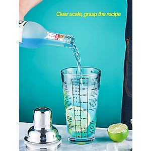 14oz Glass Cocktail Shaker,Martini Shaker Printed with 6 Drink Recipes，Measured Mixing Glass and Stainless Steel Top Drink Shaker, Best Gift for Beginner